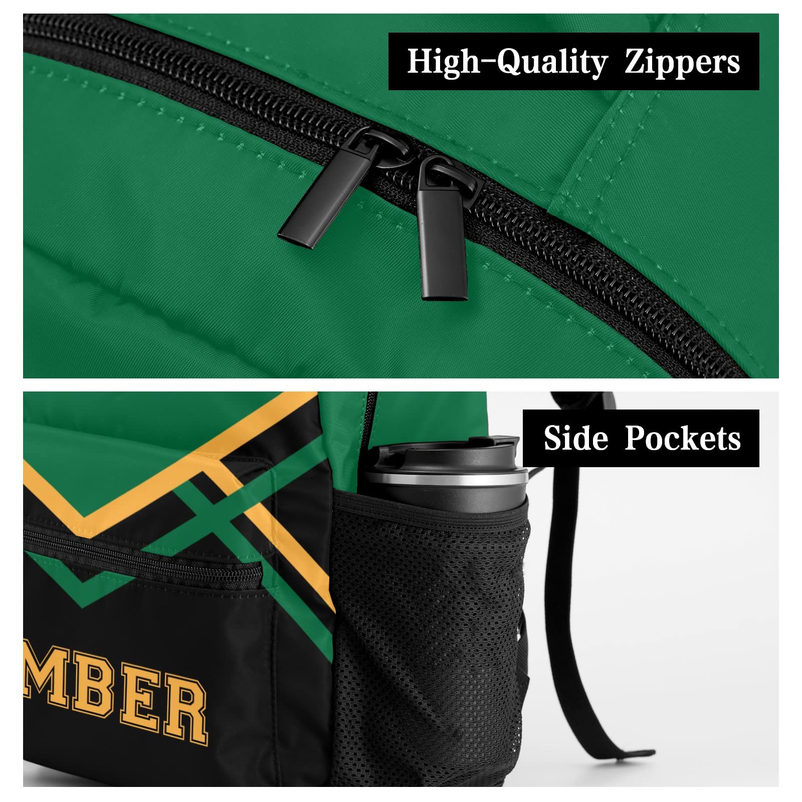 Cheerleaders Green Yellow Backpack with Name Text Custom Laptop Bag for Work Travel Office