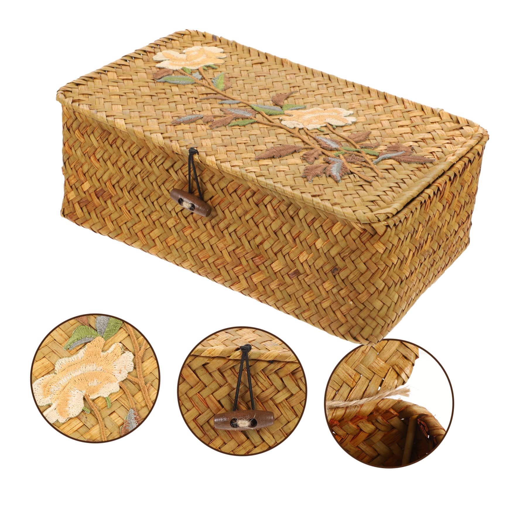 STOBAZA Rattan Storage Box Straw Embroidery Gift Box Simple Woven Basket Iron Lidded Box Rattan Basket