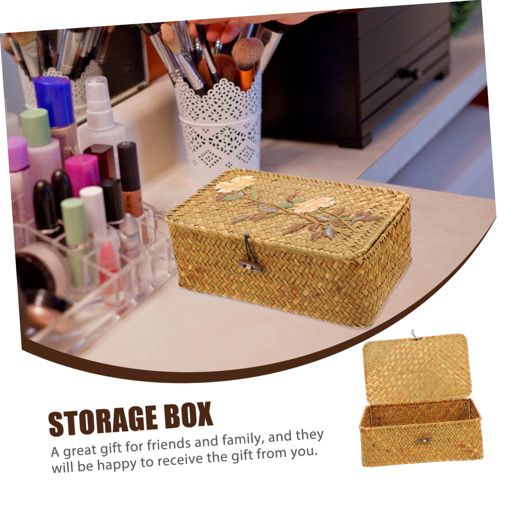 STOBAZA Rattan Storage Box Straw Embroidery Gift Box Simple Woven Basket Iron Lidded Box Rattan Basket