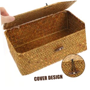 STOBAZA Rattan Storage Box Straw Embroidery Gift Box Simple Woven Basket Iron Lidded Box Rattan Basket