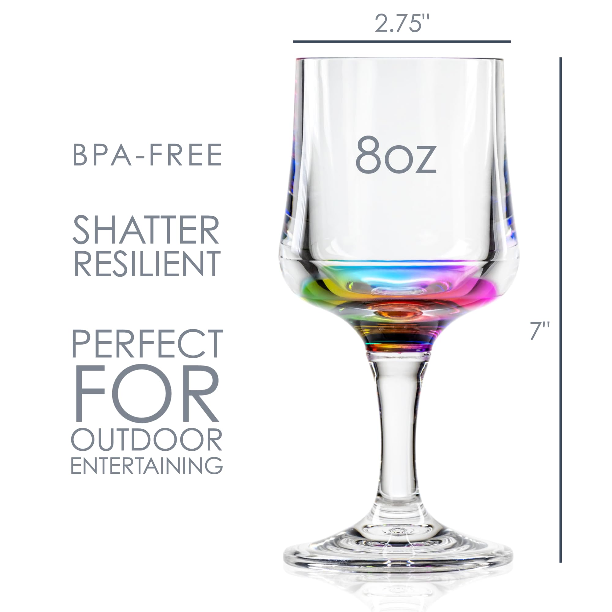 Teardrop 8oz Rainbow Acrylic Wine Glasses | Set of 6 | 8oz Stemware | Shatter Resilient | Safe for outdoor entertaining | Great for everyday use | Perfect for Cocktails