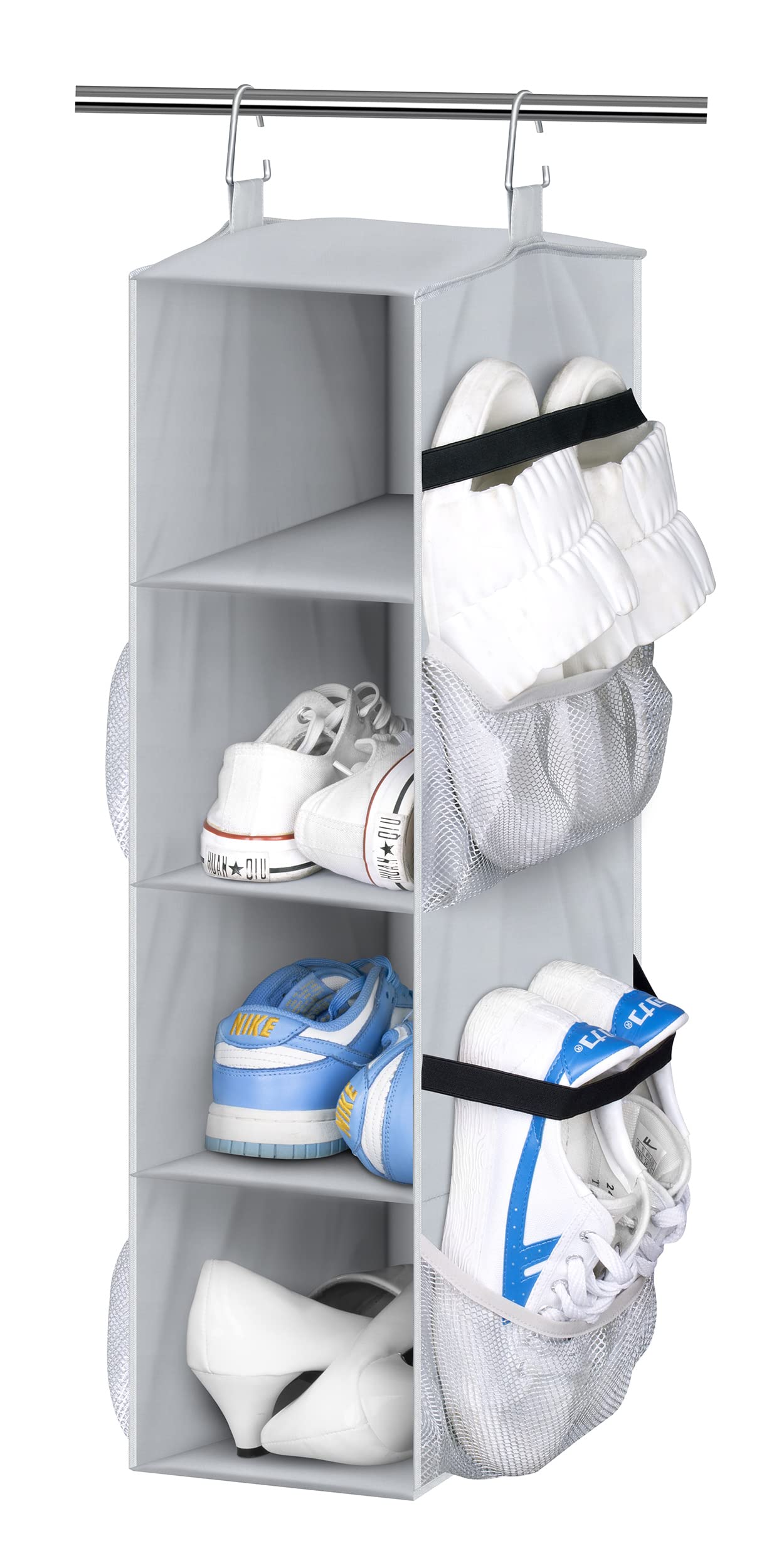 SLEEPING LAMB Short Hanging Shoe Organizer for Closet Storage with Mesh Side Pockets Holds 8 Pairs, Hanging Shoe Rack Hanger RV, Camper, Grey