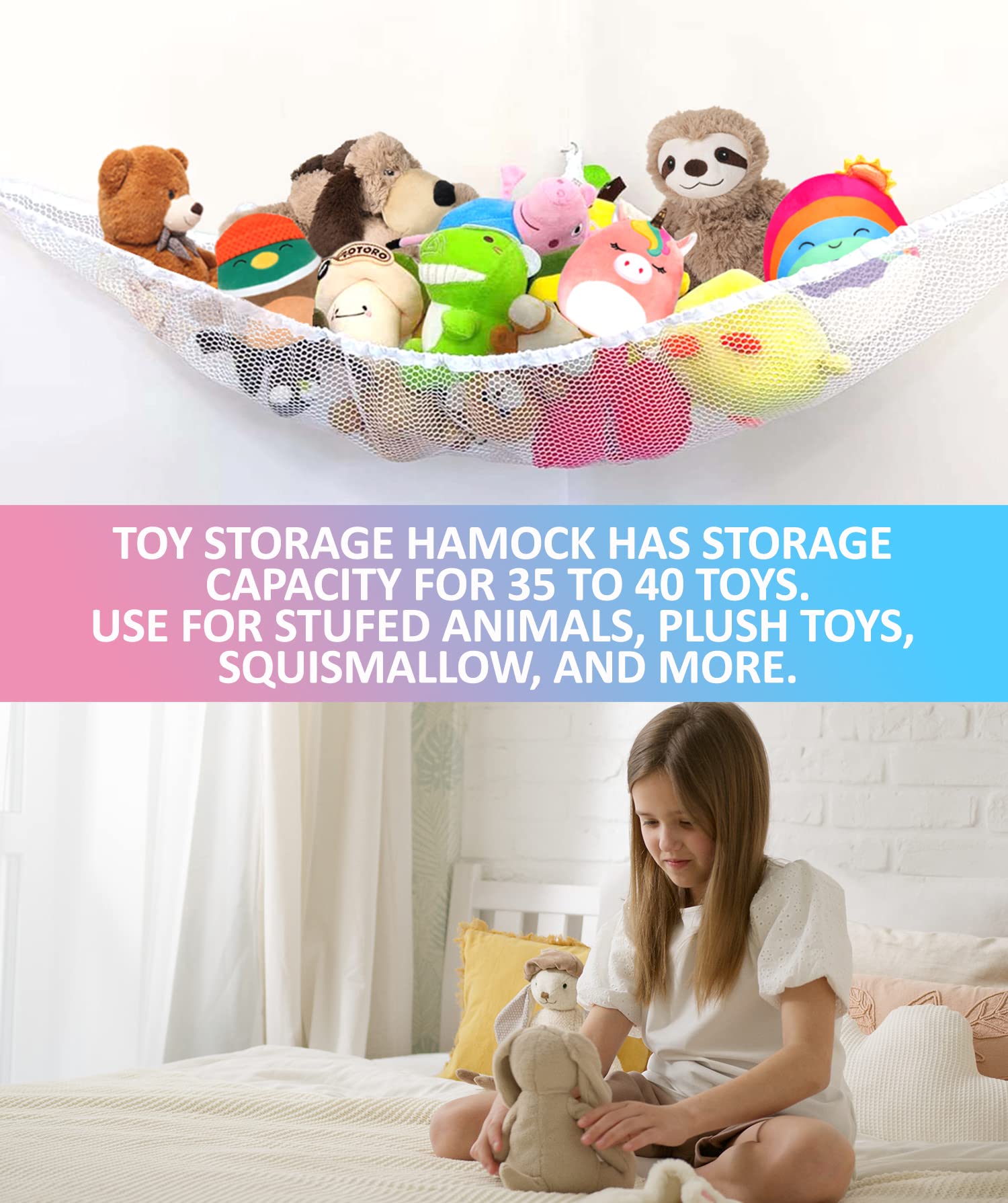 PLS Stuffed Animals Toys Hammock for Toy Storage and Organization for Kids Room, Toy Organizer for Kids, Boys & Girls, Nursery Hanging Organizer for Baby Room in White