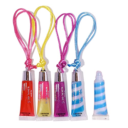 M&U Lip Gloss Necklace Set for Kids, 4 Pcs Assorted Flavors Moisturizing Shimmer Glossy Lip Party Favor Make-up for Girls and Teens Ages 5+