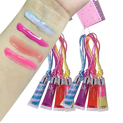 M&U Lip Gloss Necklace Set for Kids, 4 Pcs Assorted Flavors Moisturizing Shimmer Glossy Lip Party Favor Make-up for Girls and Teens Ages 5+