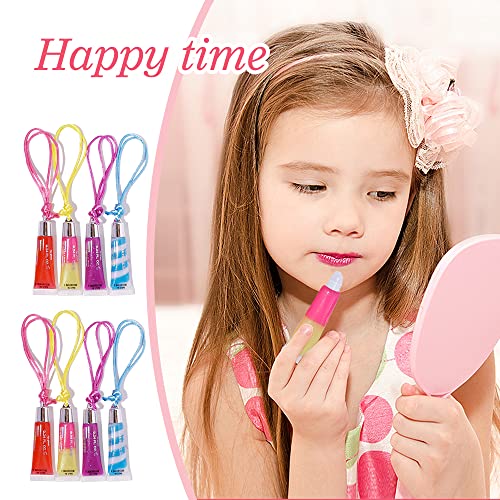 M&U Lip Gloss Necklace Set for Kids, 4 Pcs Assorted Flavors Moisturizing Shimmer Glossy Lip Party Favor Make-up for Girls and Teens Ages 5+