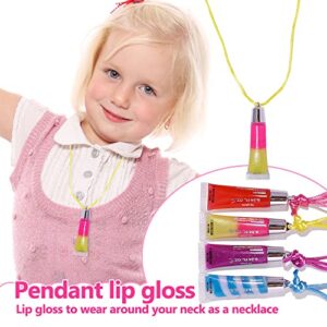 M&U Lip Gloss Necklace Set for Kids, 4 Pcs Assorted Flavors Moisturizing Shimmer Glossy Lip Party Favor Make-up for Girls and Teens Ages 5+