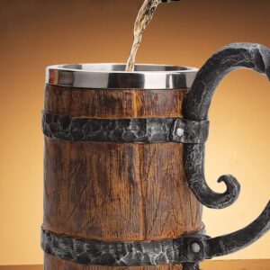 Wooden Beer Mug Beer Barrel, Large Viking Cup Wood Style Beer Mug Tankard with Handle, Antique gifts for Men Bar Restaurant Vintage Bar Accessories(18.60oz/550ml)