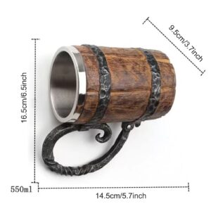 Wooden Beer Mug Beer Barrel, Large Viking Cup Wood Style Beer Mug Tankard with Handle, Antique gifts for Men Bar Restaurant Vintage Bar Accessories(18.60oz/550ml)