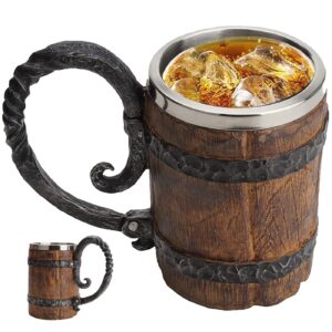 Wooden Beer Mug Beer Barrel, Large Viking Cup Wood Style Beer Mug Tankard with Handle, Antique gifts for Men Bar Restaurant Vintage Bar Accessories(18.60oz/550ml)