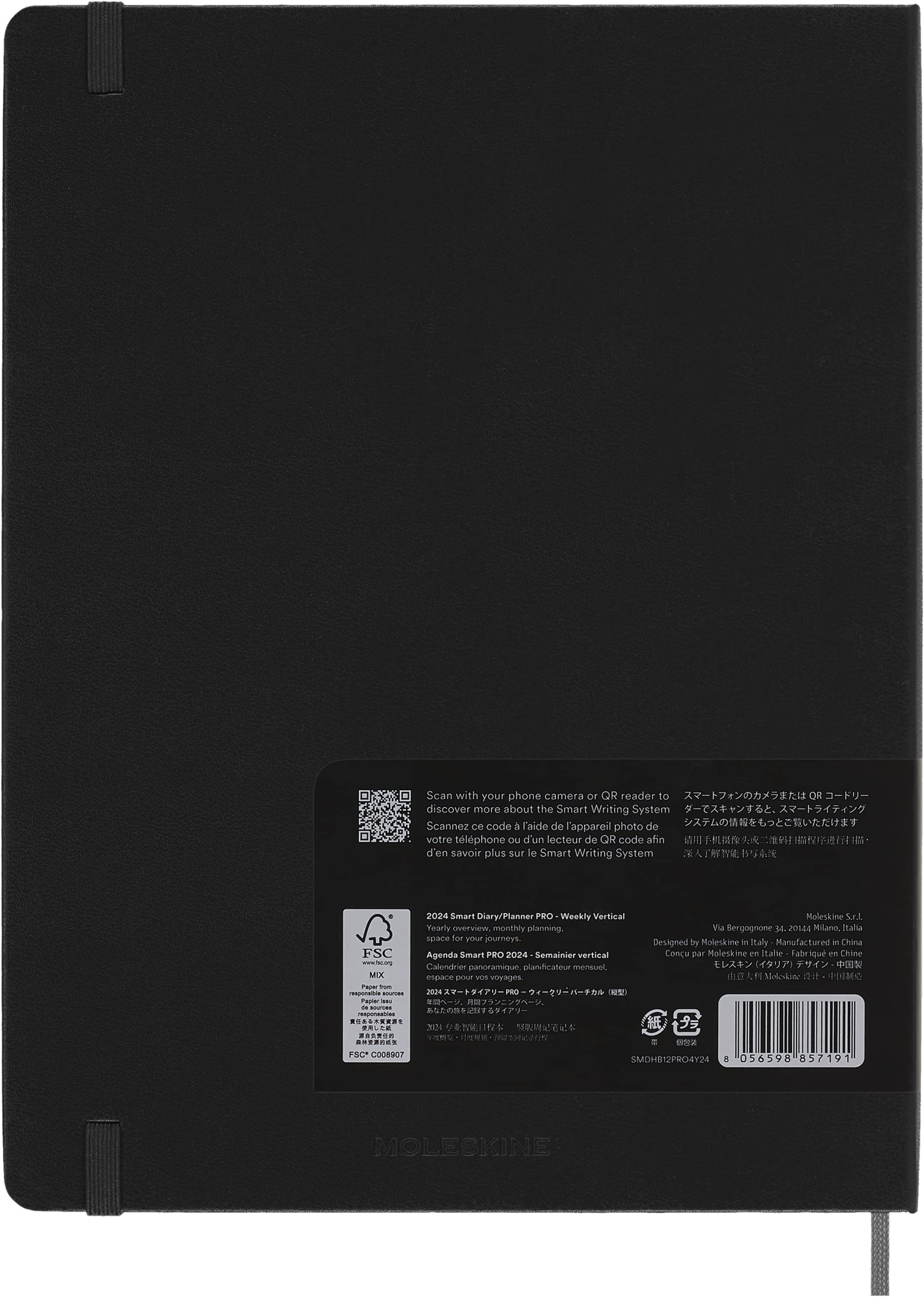 Moleskine 12 Month 2024 PRO Smart Weekly Vertical Planner, Hard Cover, XL (7.5" x 9.5") Black - Compatible with Moleskine Pen+ (Sold Separately)