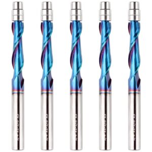 eanosic 5pcs upcut spiral flush trim router bit, 1/4 inch shank solid carbide flush trim router bits cnc spiral bit with nano blue coating(1/4" shank up-cut)