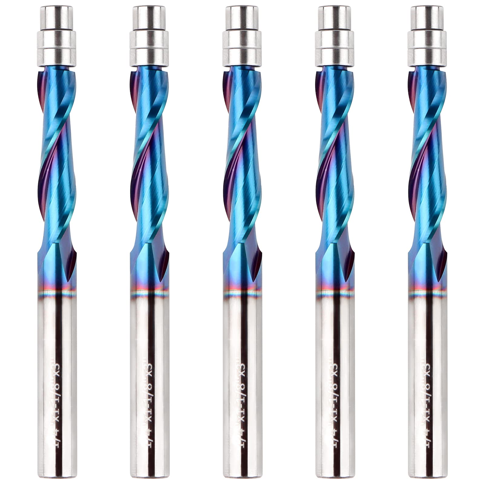 EANOSIC 5PCS Upcut Spiral Flush Trim Router Bit, 1/4 Inch Shank Solid Carbide Flush Trim Router Bits CNC Spiral Bit with Nano Blue Coating(1/4" Shank Up-Cut)