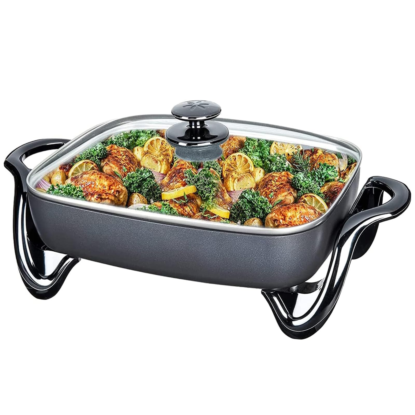 16-Inch Large Electric Skillet Nonstick with Glass Lid, Serves 6 to 8 People (10-Quart), Frying Pan for Roast, Bake,Stew, Adjustable Temperature Control, Black