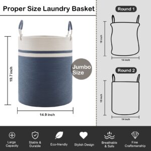 OIAHOMY Laundry Hamper Cotton Rope laundry Basket, 58L Large Woven Clothes Hamper, Collapsible Laundry Baskets with Handles, Nursery Hamper, Storage Clothes Toys in Bedroom, Baby Room (Army Blue)