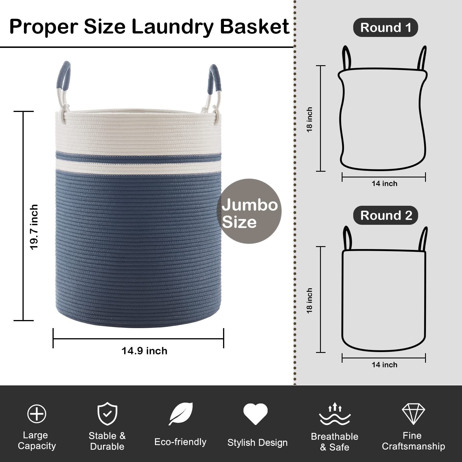 OIAHOMY Laundry Hamper Cotton Rope laundry Basket, 58L Large Woven Clothes Hamper, Collapsible Laundry Baskets with Handles, Nursery Hamper, Storage Clothes Toys in Bedroom, Baby Room (Army Blue)