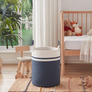 OIAHOMY Laundry Hamper Cotton Rope laundry Basket, 58L Large Woven Clothes Hamper, Collapsible Laundry Baskets with Handles, Nursery Hamper, Storage Clothes Toys in Bedroom, Baby Room (Army Blue)