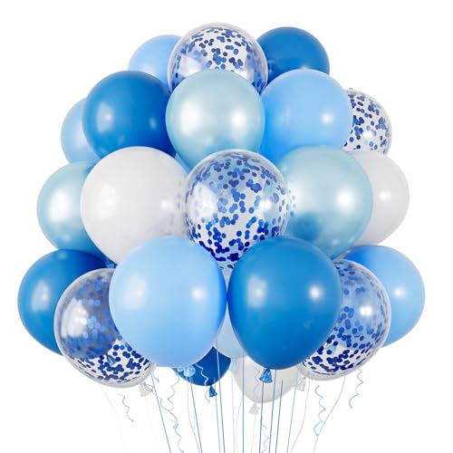 RUBFAC 100pcs 12 Inches Royal Blue Balloons, Royal Blue Confetti Balloons Light Blue Baby Blue and White Balloons for Boys Birthday Baby Shower Wedding Party Decoration