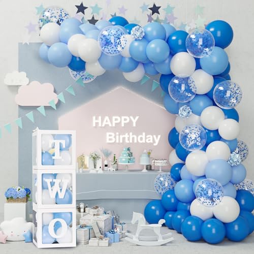 RUBFAC 100pcs 12 Inches Royal Blue Balloons, Royal Blue Confetti Balloons Light Blue Baby Blue and White Balloons for Boys Birthday Baby Shower Wedding Party Decoration