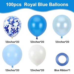 RUBFAC 100pcs 12 Inches Royal Blue Balloons, Royal Blue Confetti Balloons Light Blue Baby Blue and White Balloons for Boys Birthday Baby Shower Wedding Party Decoration