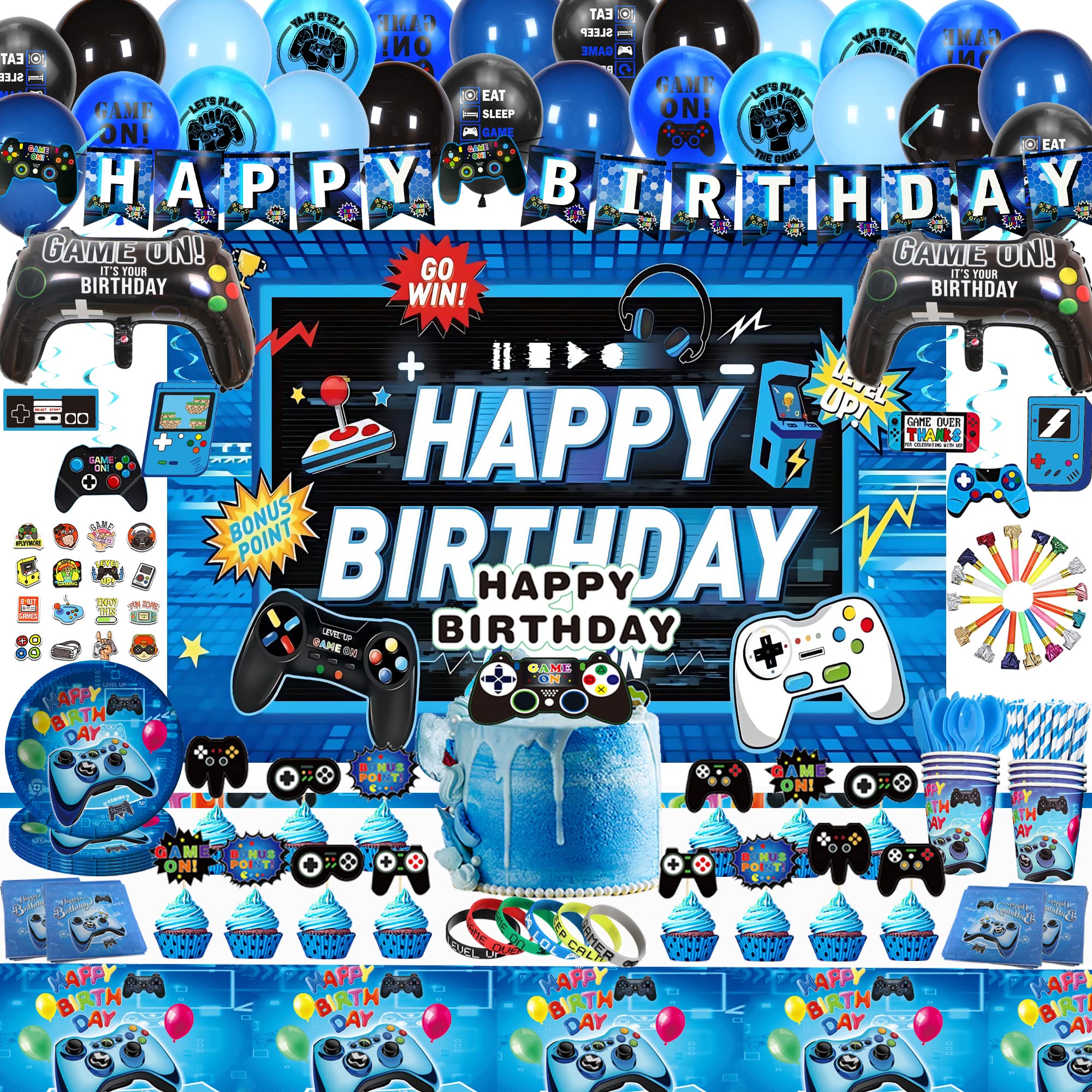 240Pcs Video Game Birthday Party Supplies, Video Game Birthday Party Decorations Include Banners, Cake & Cupcake Topper, Swirls, Backdrop, Tablewares, Balloons and Stickers (10 Guests)