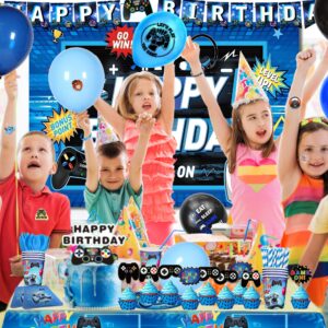 240Pcs Video Game Birthday Party Supplies, Video Game Birthday Party Decorations Include Banners, Cake & Cupcake Topper, Swirls, Backdrop, Tablewares, Balloons and Stickers (10 Guests)