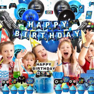 240Pcs Video Game Birthday Party Supplies, Video Game Birthday Party Decorations Include Banners, Cake & Cupcake Topper, Swirls, Backdrop, Tablewares, Balloons and Stickers (10 Guests)