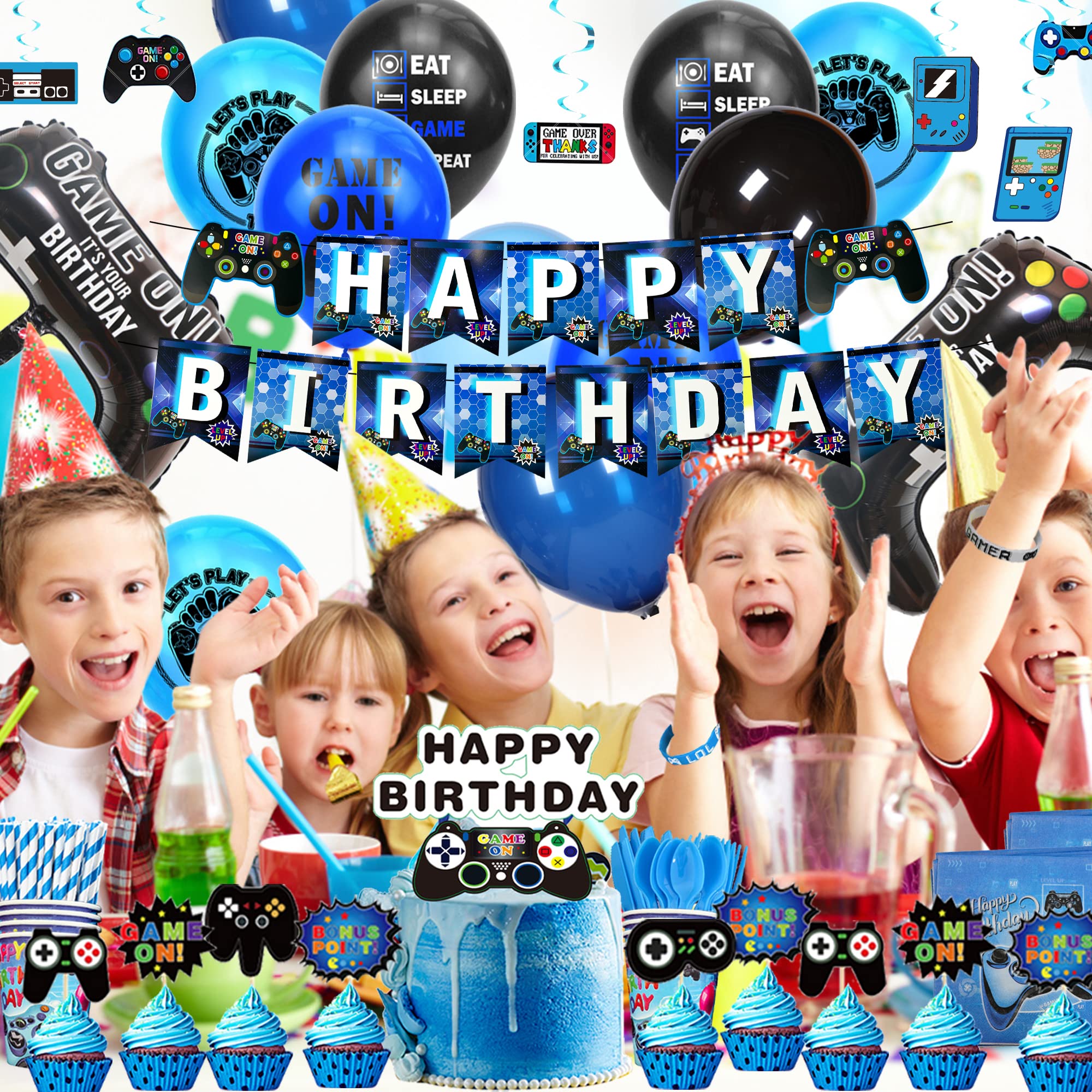 240Pcs Video Game Birthday Party Supplies, Video Game Birthday Party Decorations Include Banners, Cake & Cupcake Topper, Swirls, Backdrop, Tablewares, Balloons and Stickers (10 Guests)