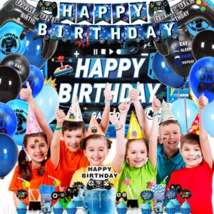 240Pcs Video Game Birthday Party Supplies, Video Game Birthday Party Decorations Include Banners, Cake & Cupcake Topper, Swirls, Backdrop, Tablewares, Balloons and Stickers (10 Guests)