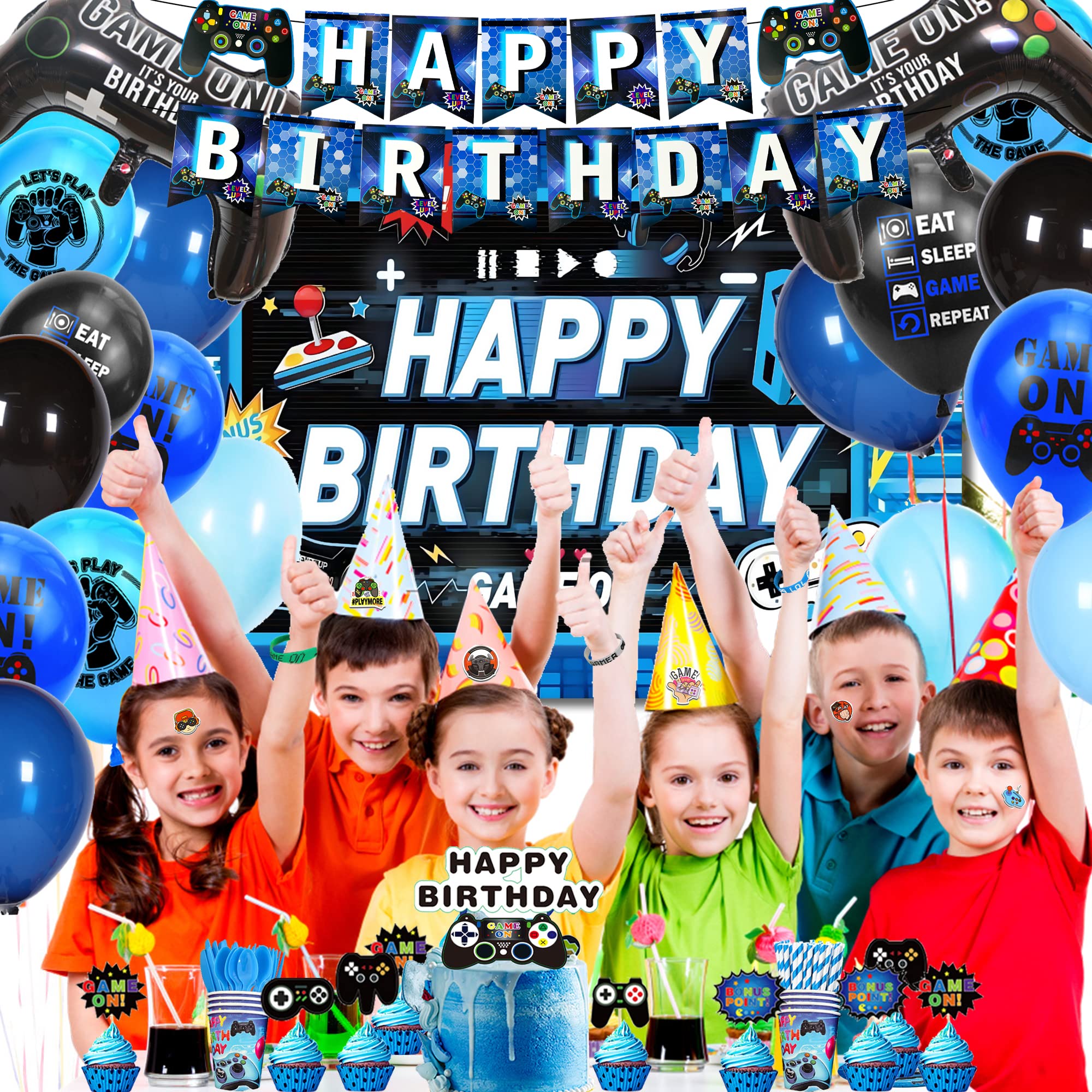 240Pcs Video Game Birthday Party Supplies, Video Game Birthday Party Decorations Include Banners, Cake & Cupcake Topper, Swirls, Backdrop, Tablewares, Balloons and Stickers (10 Guests)