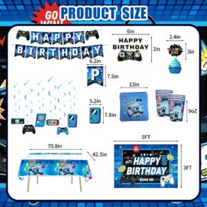 240Pcs Video Game Birthday Party Supplies, Video Game Birthday Party Decorations Include Banners, Cake & Cupcake Topper, Swirls, Backdrop, Tablewares, Balloons and Stickers (10 Guests)