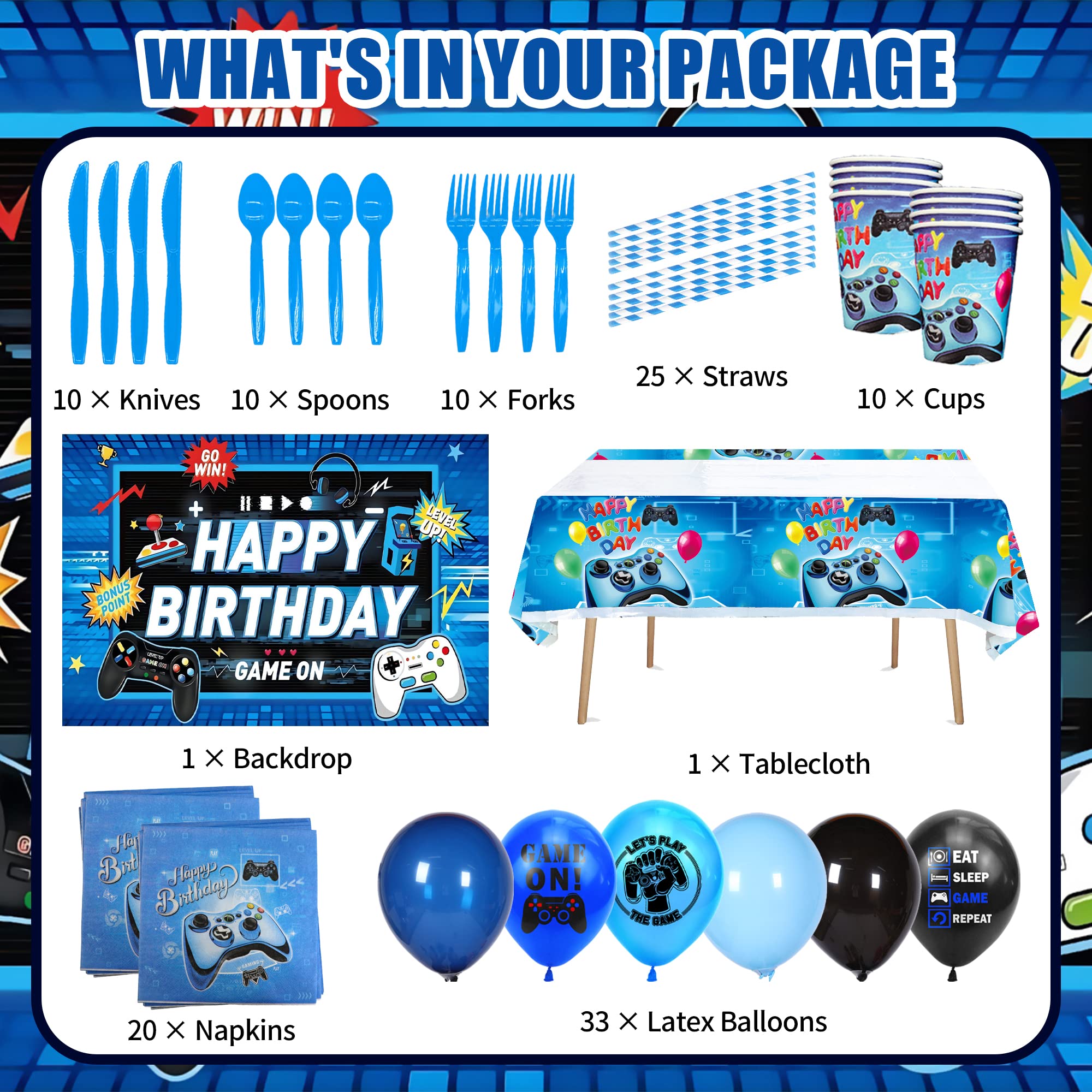 240Pcs Video Game Birthday Party Supplies, Video Game Birthday Party Decorations Include Banners, Cake & Cupcake Topper, Swirls, Backdrop, Tablewares, Balloons and Stickers (10 Guests)