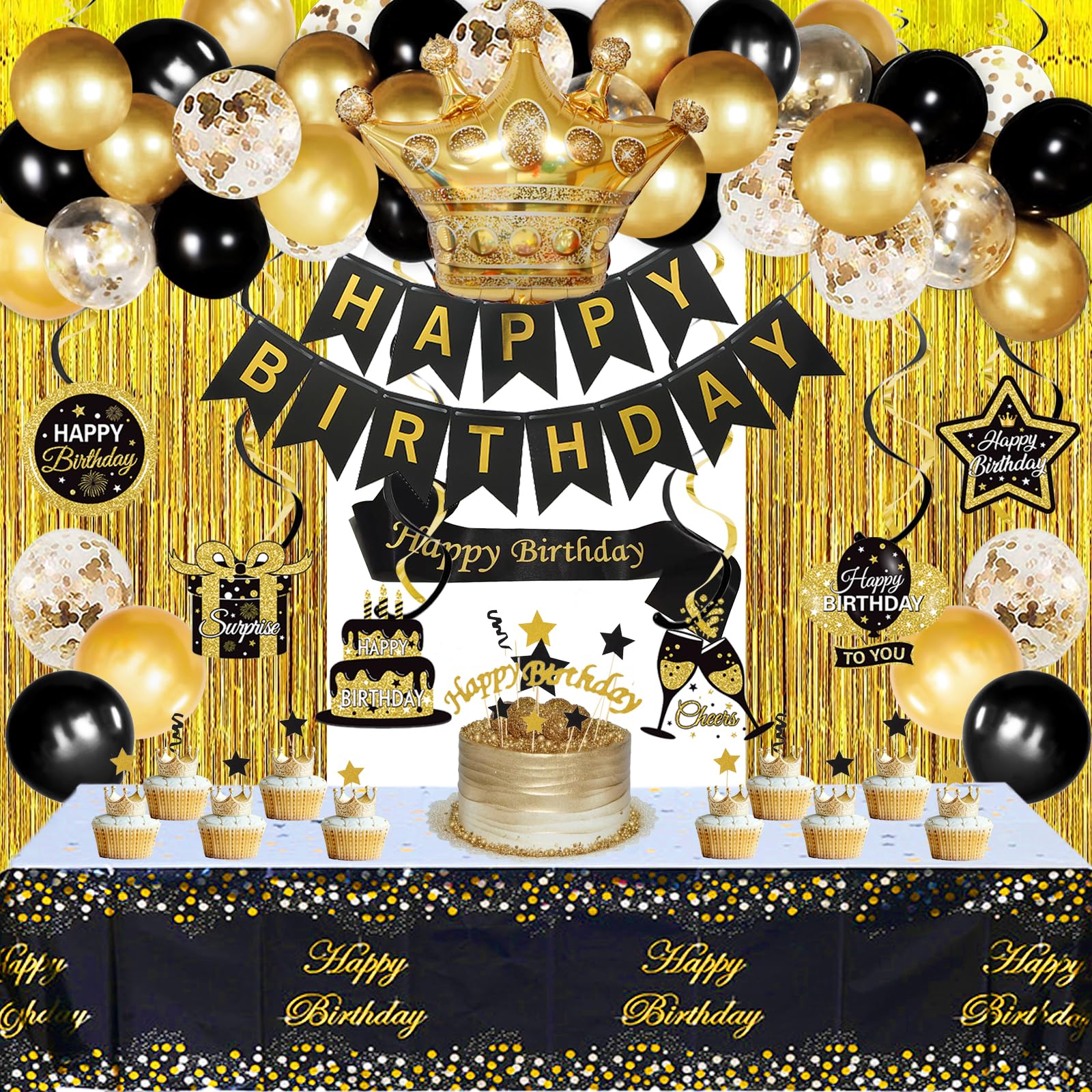 Black and Gold Birthday Party Decorations, Black Gold Balloon Garland Arch Kit with Happy Birthday Backdrop Hanging Swirls Foil Balloons for Men Women Birthday Party Decorations Supplies