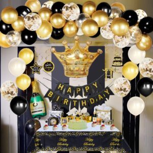 Black and Gold Birthday Party Decorations, Black Gold Balloon Garland Arch Kit with Happy Birthday Backdrop Hanging Swirls Foil Balloons for Men Women Birthday Party Decorations Supplies