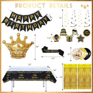 Black and Gold Birthday Party Decorations, Black Gold Balloon Garland Arch Kit with Happy Birthday Backdrop Hanging Swirls Foil Balloons for Men Women Birthday Party Decorations Supplies