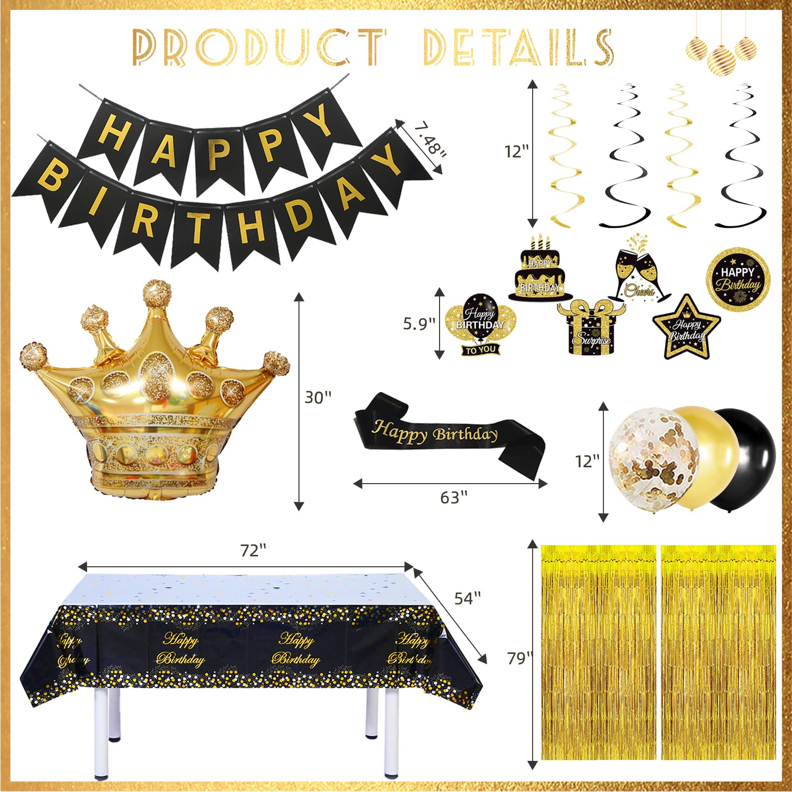 Black and Gold Birthday Party Decorations, Black Gold Balloon Garland Arch Kit with Happy Birthday Backdrop Hanging Swirls Foil Balloons for Men Women Birthday Party Decorations Supplies