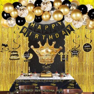 Black and Gold Birthday Party Decorations, Black Gold Balloon Garland Arch Kit with Happy Birthday Backdrop Hanging Swirls Foil Balloons for Men Women Birthday Party Decorations Supplies