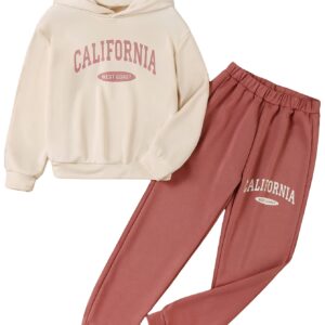 SOLY HUX Girl's Letter Print Drop Shoulder Hoodie Sweatshirt and Jogger Sweatpants 2 Piece Outfit Beige and Pink 10Y