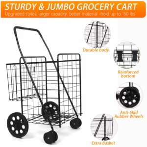 Lehboson Jumbo Folding Shopping Cart,Collapsible Shopping cart with Double Basket and 360-Degree Wheels, Utility Cart for Grocery Laundry Book Luggage Travel （Black）