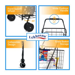 Lehboson Jumbo Folding Shopping Cart,Collapsible Shopping cart with Double Basket and 360-Degree Wheels, Utility Cart for Grocery Laundry Book Luggage Travel （Black）