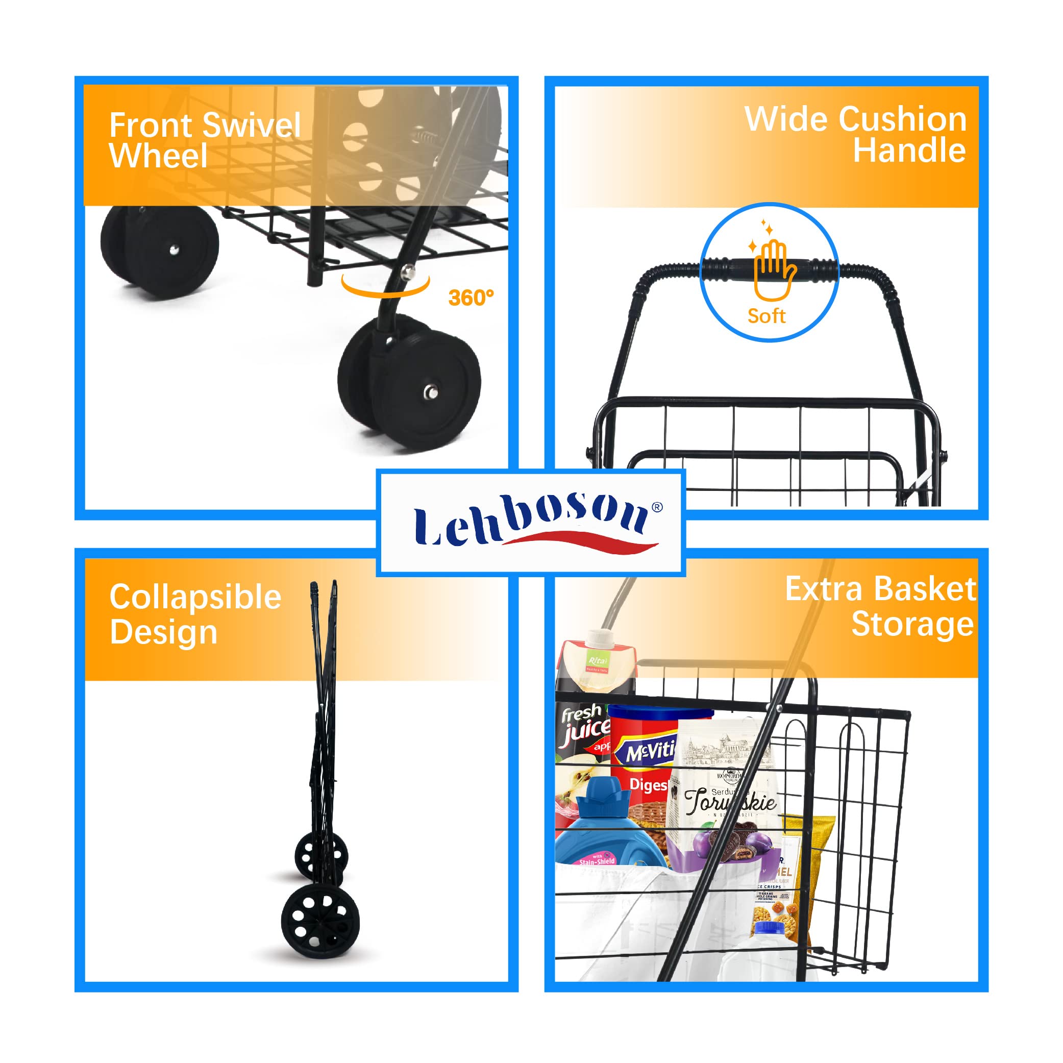 Lehboson Jumbo Folding Shopping Cart,Collapsible Shopping cart with Double Basket and 360-Degree Wheels, Utility Cart for Grocery Laundry Book Luggage Travel （Black）