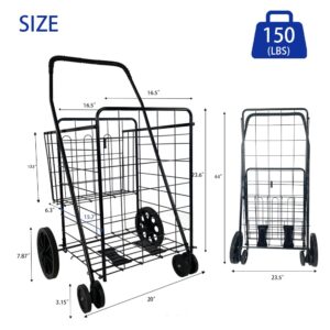 Lehboson Jumbo Folding Shopping Cart,Collapsible Shopping cart with Double Basket and 360-Degree Wheels, Utility Cart for Grocery Laundry Book Luggage Travel （Black）