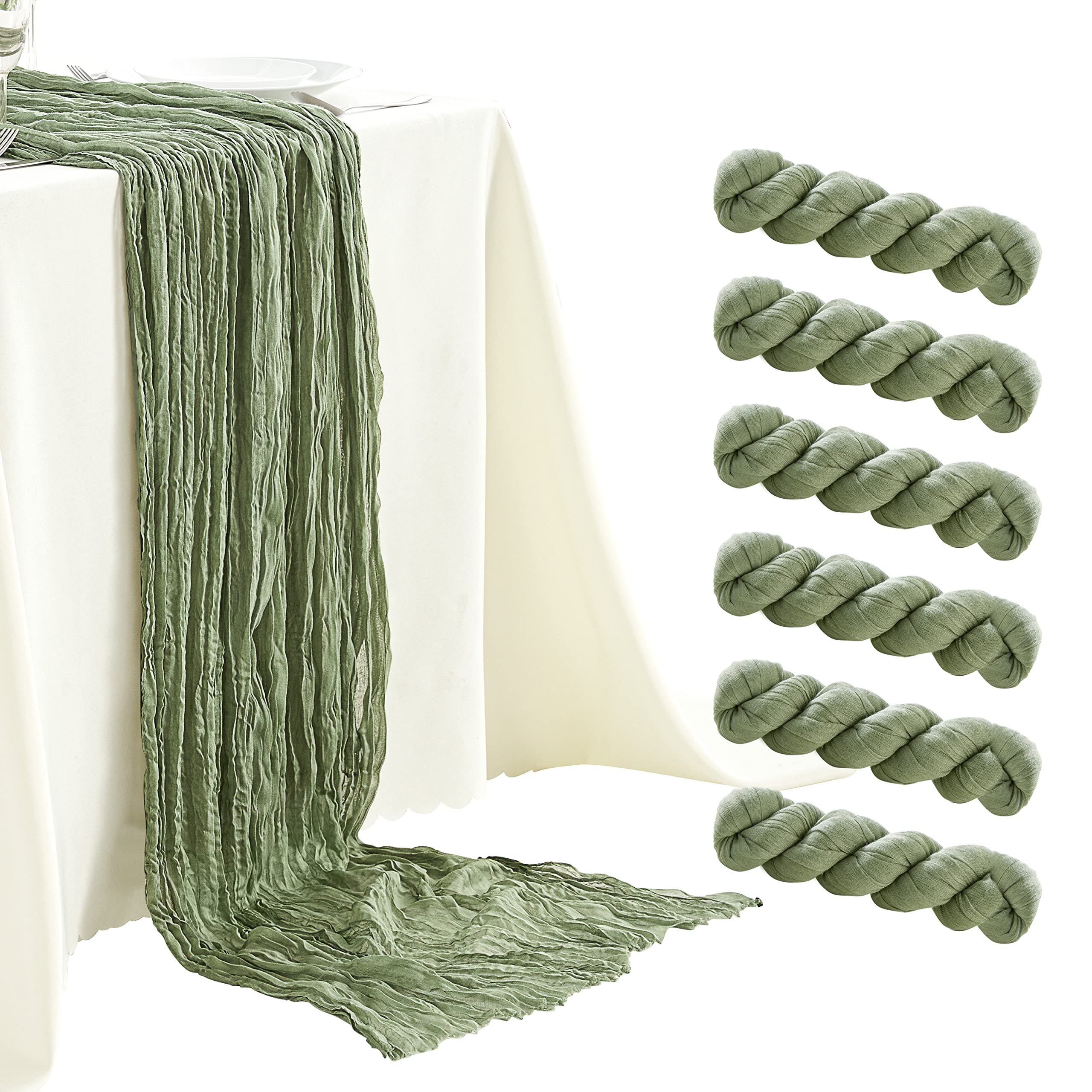 6 Pack Sage Green Cheesecloth Table Runners 10ft Wide Gauze Table Runners Boho Table Runners for Bridal Shower Wedding Birthday Party Table Decorations