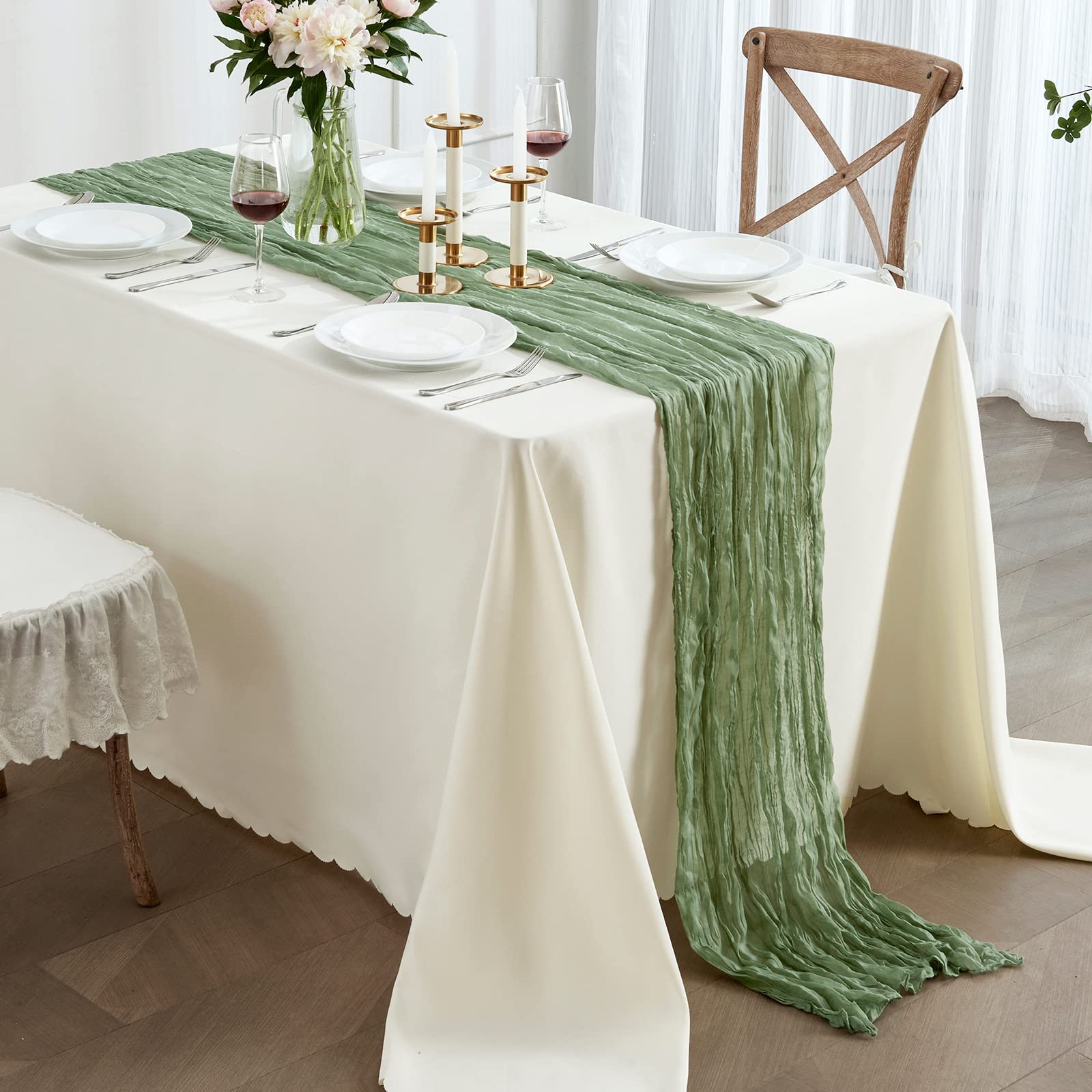 6 Pack Sage Green Cheesecloth Table Runners 10ft Wide Gauze Table Runners Boho Table Runners for Bridal Shower Wedding Birthday Party Table Decorations