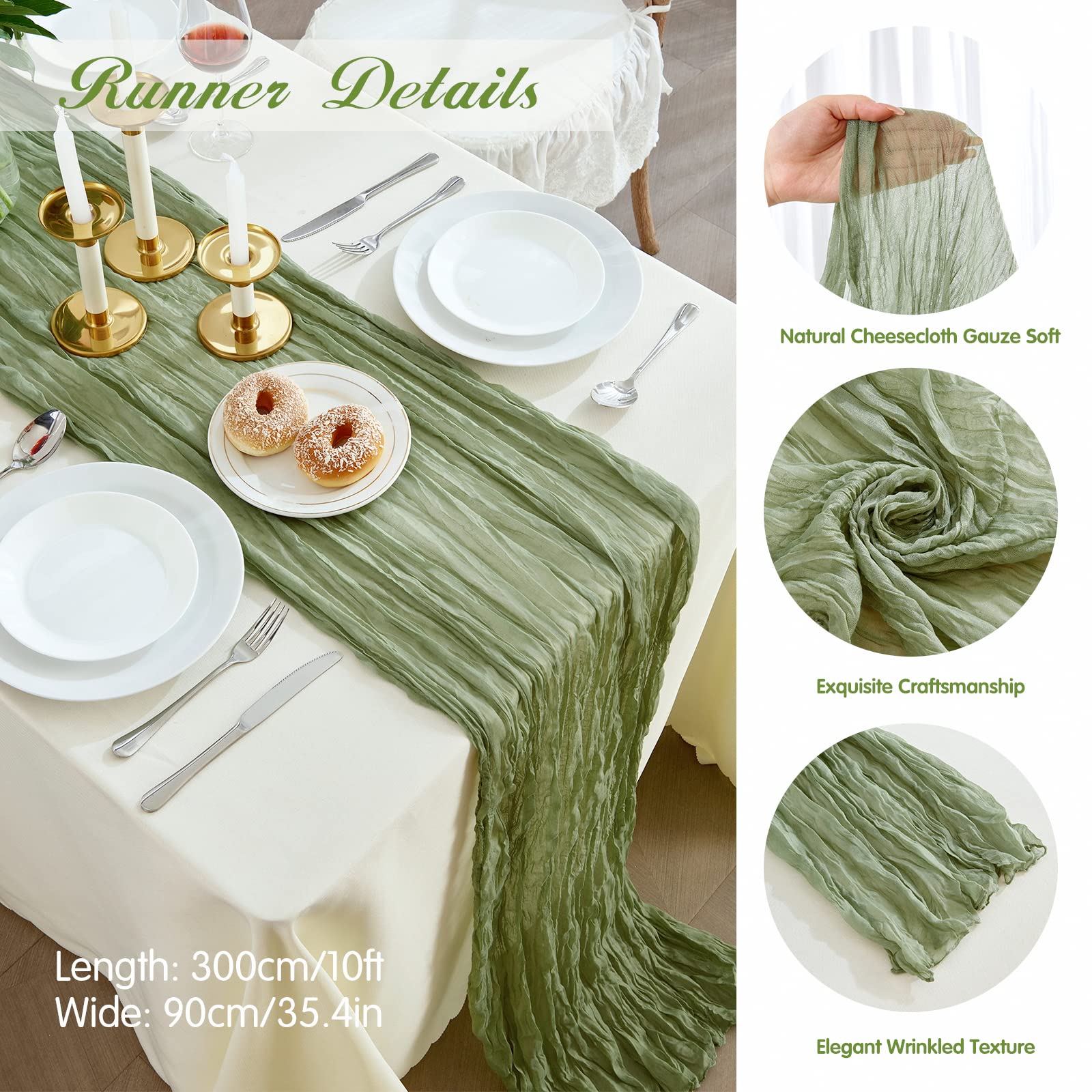 6 Pack Sage Green Cheesecloth Table Runners 10ft Wide Gauze Table Runners Boho Table Runners for Bridal Shower Wedding Birthday Party Table Decorations