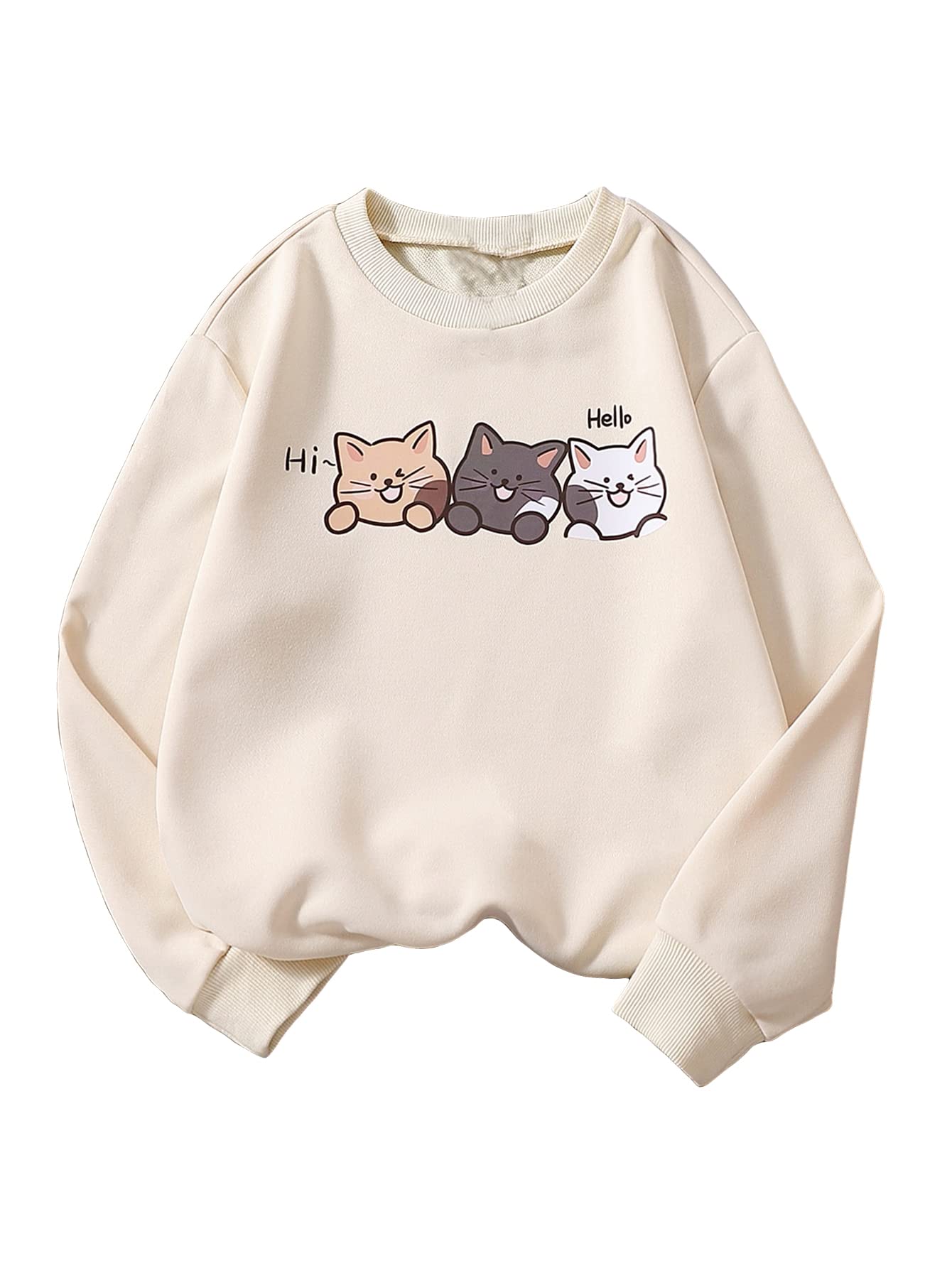 SOLY HUX Girl's Cute Graphic Crew Neck Sweatshirt Long Sleeve Pullover Tops T Shirt Apricot Cat 11-12Y