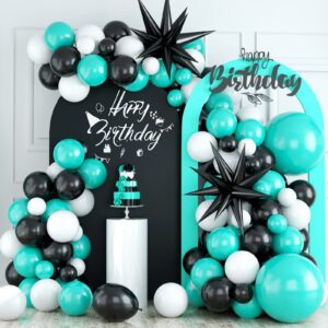 teal balloon arch kit, teal black balloon arch, teal balloon garland with teal white and black balloons silver star foil balloons, teal balloon arch for birthday wedding baby shower graduation party