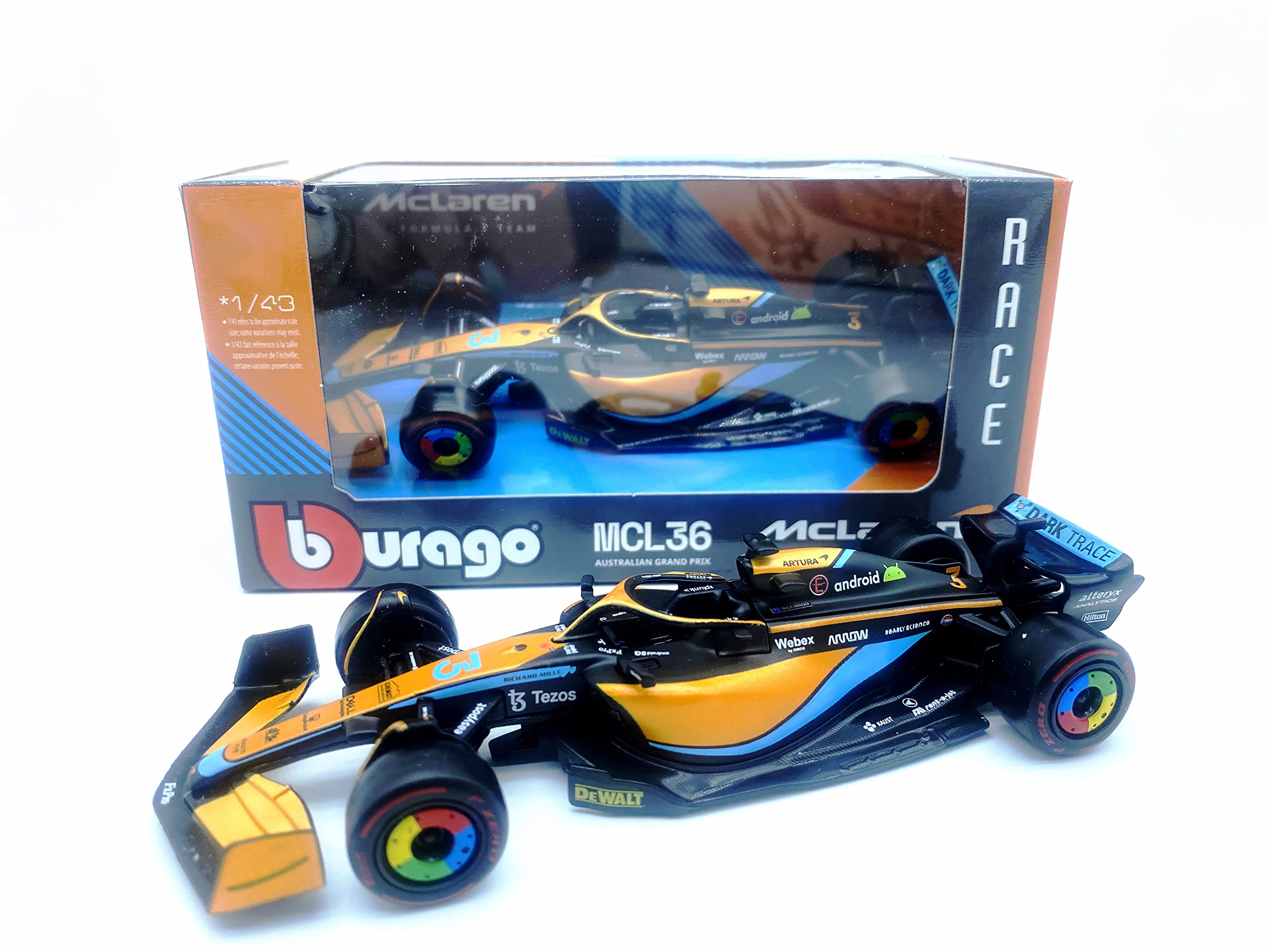 HTLNUZD Bburago 1:43 2022 F1MCL36#3 Daniel Ricciardo 1/43 MCL36#3 Formula One Diecast Alloy Luxury Collectible Toy Car Model