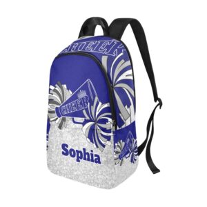 CUXWEOT Personalized Cheerleader Blue White Backpack with Name Custom Travel Bag for women Men