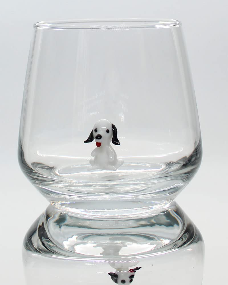 HeguSun Drinking Glass With Figurine Inside, Handmade Murano Glass Figures inside Stemless Glass for Wine, Cold Drinks and Beverages, 12 oz (Dalmatian)